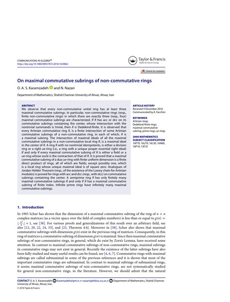 Pdf On Maximal Commutative Subrings Of Non Commutative Rings