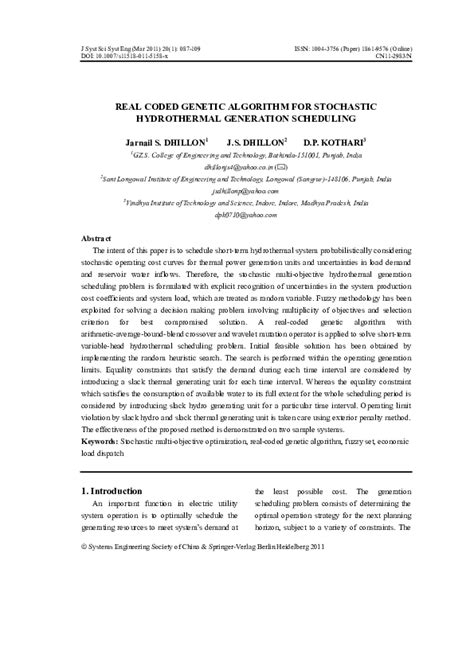 Pdf Real Coded Genetic Algorithm For Stochastic Hydrothermal