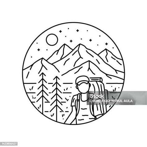 모노 라인 아트 배지 패치 핀 그래픽 일러스트 레이 션 벡터 아트 티셔츠 디자인의 산악 숲에서 캠핑 남자 하이킹에 대한 스톡 벡터 아트 및 기타 이미지 Istock