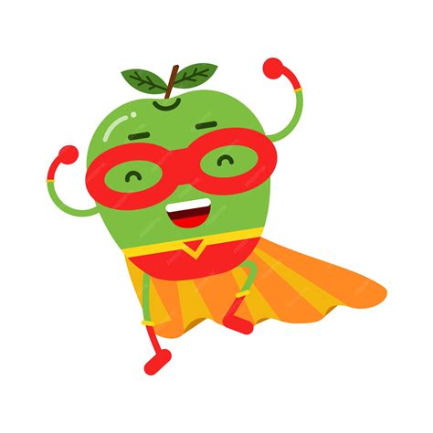 마스크와 노란색 망토에 귀여운 만화 웃는 사과 슈퍼 히어로 흰색 배경에 고립 된 다채로운 인간화 과일 문자 벡터 일러스트 레이 션 프리미엄 벡터