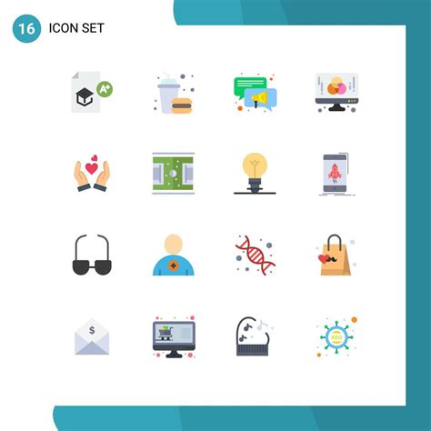 Mobile Interface Flat Color Set Of 16 Pictograms Of Hand Graphic Food Development Computer