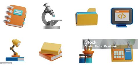 3d 학교 용품 세트 현미경 연필 케이스 폴더 책상 램프 컴퓨터 프로그래밍 노트북 달력 교육 연구 문구 항목 Ux Ui 웹 디자인 요소 3d 렌더링 그림 Stem 주제에