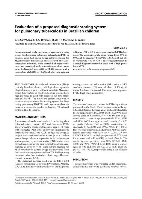 Pdf Evaluation Of A Proposed Diagnostic Scoring System For Pulmonary Tuberculosis In Brazilian