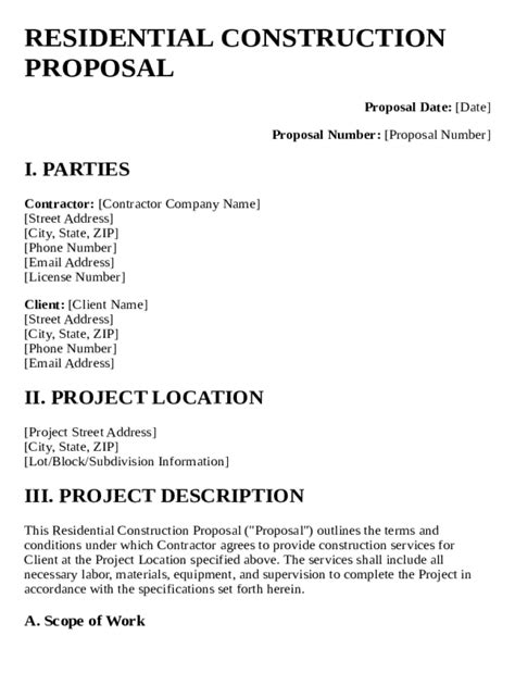 Fillable Online Residential Construction Proposal Template Fax Email