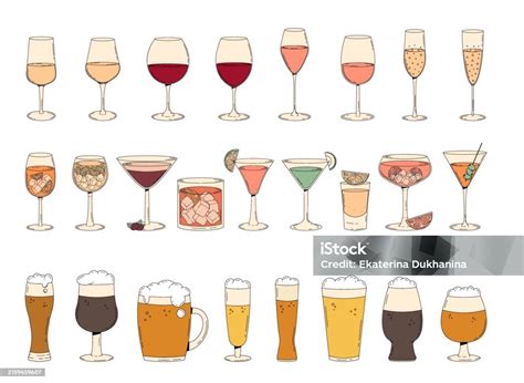 복고풍 그루비 스타일의 알코올 음료 컬렉션 여름 칵테일 와인 샴페인 맥주를 잔에 담았습니다 빈티지 벡터 일러스트 레이 션 70