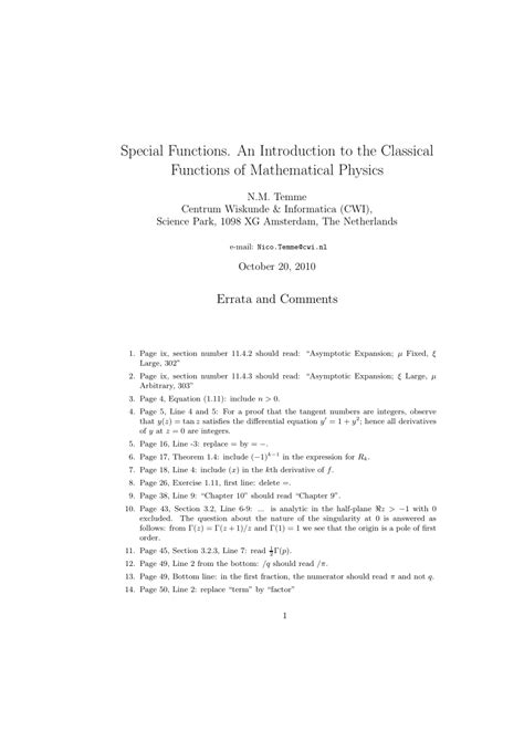 Pdf Special Functions An Introduction To The Classical Functions Of Mathematical Physics