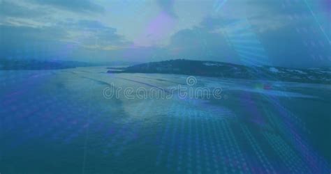 Ocean Waves And Island Landscape With Digital Data Processing Animation Overlay Stock Footage