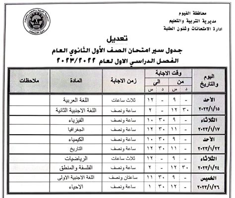 جدول امتحانات الصفين الاول والثانى مدرسة عين شمس بنات