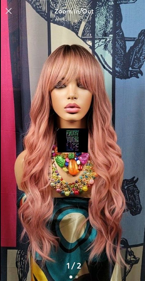 Rose Gold Pink Cotton Candy Wavy Bang Natural Looking Wig Adjustable With Brown Roots Etsy