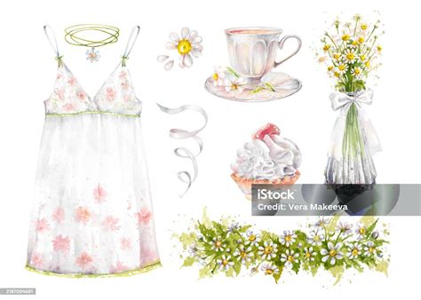 데이지 카모마일을 곁들인 귀여운 수채화 여성 아이템 세트입니다 손으로 그린 패션 일러스트 0명에 대한 스톡 벡터 아트 및 기타 이미지 Istock