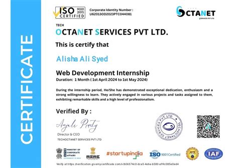 internshipcomplete octanet certificatereceived alisha ali syed