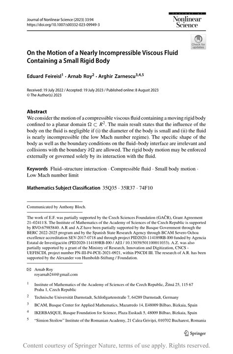 Pdf On The Motion Of A Nearly Incompressible Viscous Fluid Containing A Small Rigid Body