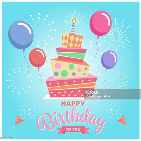 푸른 하늘 배경에 광장 케이크 풍선과 불꽃 과 불꽃 과 당신에게 생일 축하 생일에 대한 스톡 벡터 아트 및 기타 이미지 생일 재미 종이 Istock