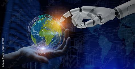 3d Rendering Of Robot Hand Vs Human Hand Touching Digital World And Virtual Graphic Interface