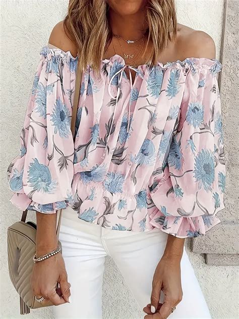 Shoulder Floral Print Blouse Casual Ruffle Trim Blouse Temu