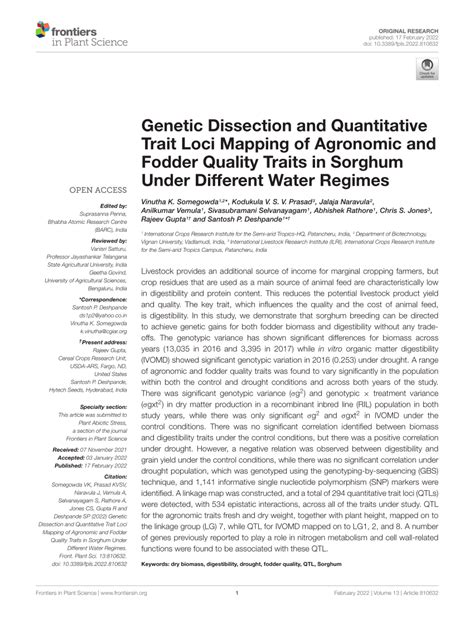 Pdf Genetic Dissection And Quantitative Trait Loci Mapping Of Agronomic And Fodder Quality