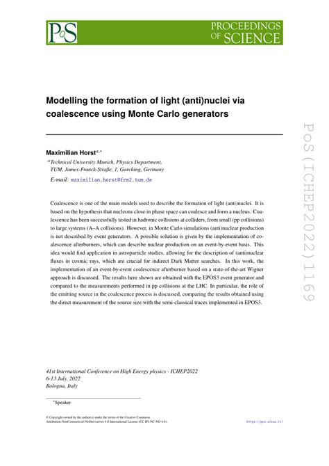 Pdf Modelling The Formation Of Light Anti Nuclei Via Coalescence Using Monte Carlo Generators