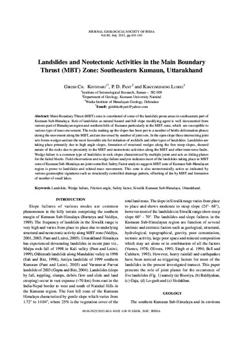 Pdf Landslides And Neotectonic Activities In The Main Boundary Thrust Mbt Zone Southeastern