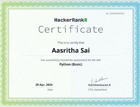 Aasritha Sai On Linkedin Python Coding Hackerrank Certification