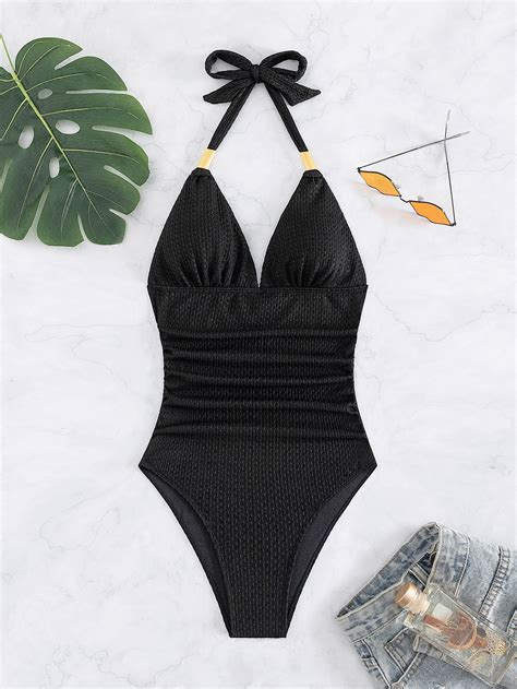 Ruched Halter One Piece Swimsuit Shein Uk