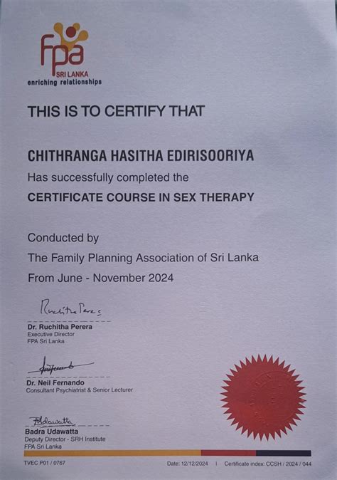 chithranga edirisooriya on linkedin sucesfully completed the certificate course in sex therapy