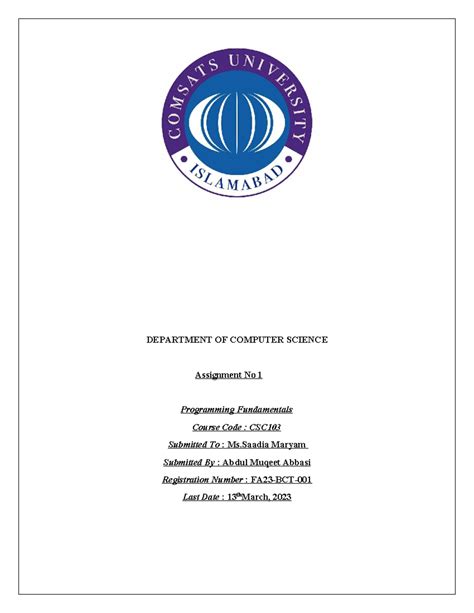 Pf Assignment 1 Department Of Computer Science Assignment No 1