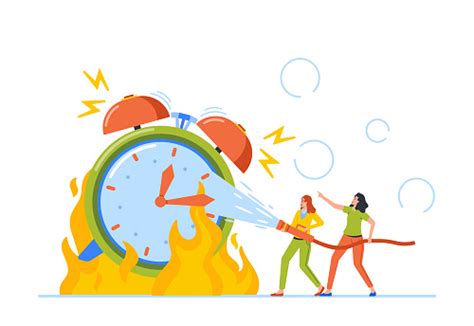 마감일 초과 근무 시간은 개념 이상입니다 작은 여성 캐릭터는 울리는 종소리와 함께 거대한 불타는 알람 시계를 소화합니다 벽 시계에 대한 스톡 벡터 아트 및 기타 이미지