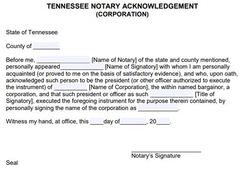 Free Tennessee Notary Acknowledgment General Corporation Pdf Word