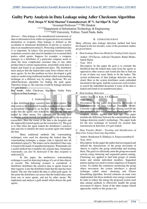 Pdf Guilty Party Analysis In Data Leakage Using Adler Checksum Algorithm