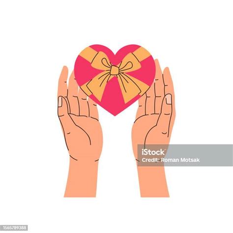 하트 모양의 선물 상자를 들고 있는 손의 평면도 발렌타인 데이 또는 생일을 위한 평면 벡터 삽화 개념에 대한 스톡 벡터 아트 및 기타 이미지 Istock