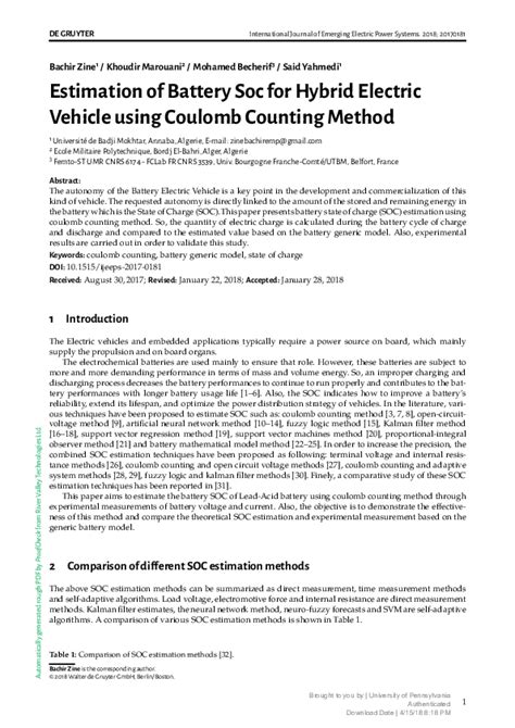 Pdf Estimation Of Battery Soc For Hybrid Electric Vehicle Using