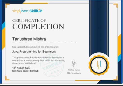 Completed Java Programming For Beginners Certification From Simplilearn Skillup Tanushree