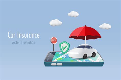 자동차 및 여행자 보험 보호 우산과 보호 방패가 있는 모바일 지도에서 자동차를 운전합니다 사고와 여행에서 보호하기 위하여 3d 벡터 3차원 형태에 대한 스톡 벡터 아트 및