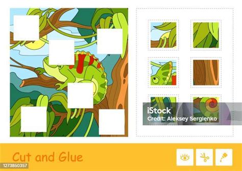 나무에 앉아 귀여운 카멜레온의 다채로운 이미지와 잘라 접착제 벡터 퍼즐 학습 어린이 게임 0명에 대한 스톡 벡터 아트 및 기타 이미지 0명 교육 귀여운 Istock
