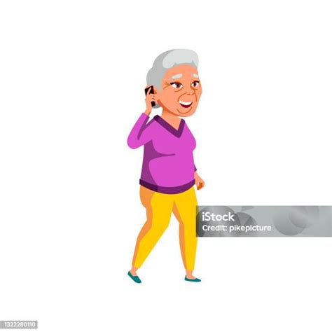 Nenek Berbicara Dengan Keluarga Di Vektor Kartun Telepon Ilustrasi Stok