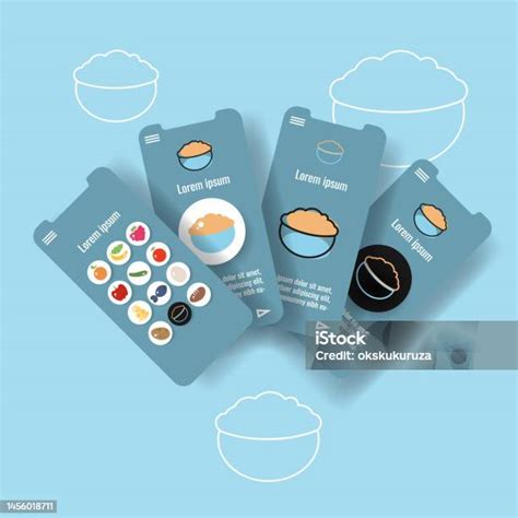 귀리 죽이 있는 템플릿 모바일 앱 페이지 음식 개요 아이콘 벡터 일러스트 레이 션입니다 개체 그룹에 대한 스톡 벡터 아트 및 기타 이미지 개체 그룹 건강한 생활방식