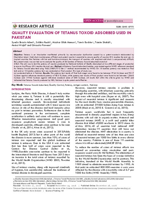 Pdf Quality Evaluation Of Tetanus Toxoid Adsorbed Used In Pakistan