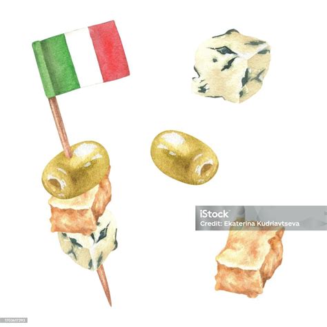 수채화 그림입니다 이탈리안 애피타이저를 곁들인 꼬치 블루 치즈 파마산 치즈 올리브 이쑤시개의 깃발은 이탈리아의 국가 요리를 장식합니다 손으로 그린 흰색 배경에 격리 전채