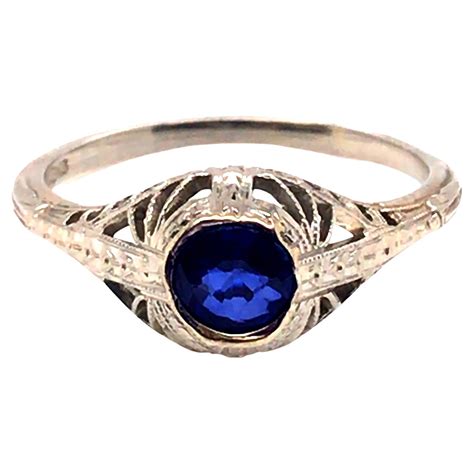 Vintage Sapphire Engagement Ring 50ct Solitaire 18k White Gold Art