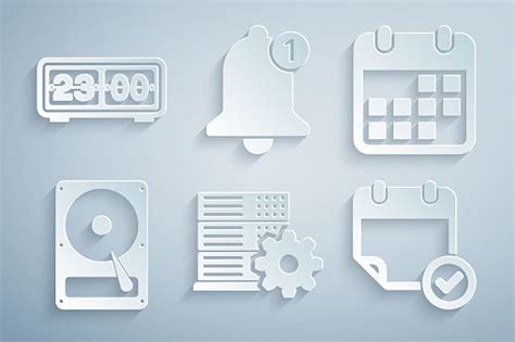 서버 설정 캘린더 하드 디스크 드라이브 Hdd 확인 표시 벨 및 레트로 플립 시계 아이콘으로 설정합니다 벡터 3차원 형태에 대한