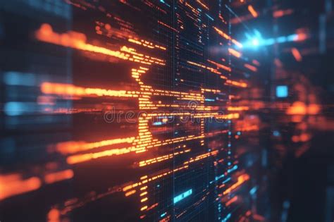 Digital Data Flow Illuminated By Orange And Blue Lights In A Futuristic Environment Stock