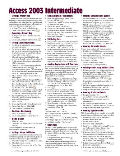 Microsoft Access 2003 Intermediate Quick Reference Guide Cheat Sheet Of Instructions Tips