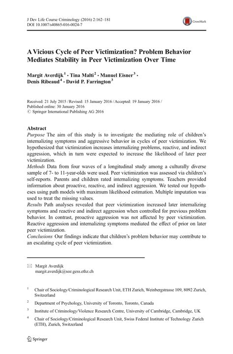 Pdf A Vicious Cycle Of Peer Victimization Problem Behavior Mediates