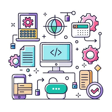 Colorful Illustration Of A Computer And Mobile Device With Gears And