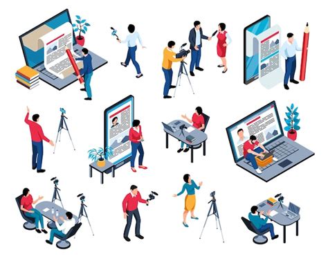 카피라이터와 블로거 직장 격리 된 벡터 일러스트 레이 션 설정 아이소 메트릭 기자 아이콘 무료 벡터