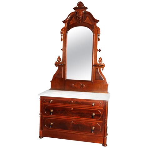 American Eastlake Victorian Marble Top Walnut Washstand Dresser With