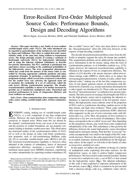 Pdf Error Resilient First Order Multiplexed Source Codes Performance Bounds Design And