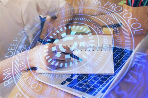 Premium Photo Multi Exposure Of Womans Hands On Background With Technology And Digital Coding