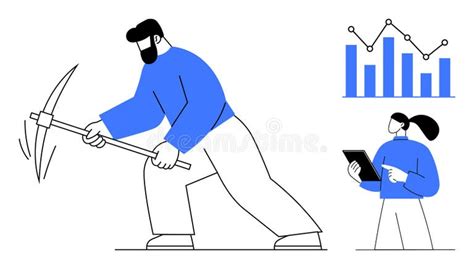 Man Mining Data With Pickaxe And Woman Analyzing Graph On Tablet With