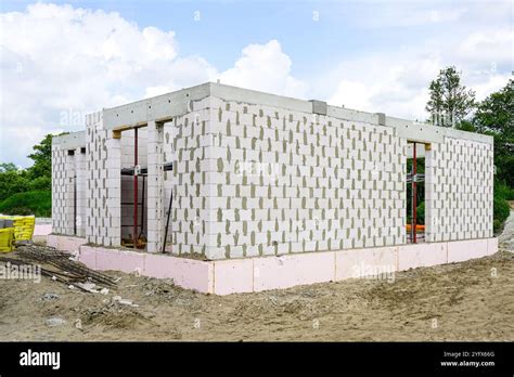 Construction Site Of A New Residential House Wall Masonry From Expanded Clay Blocks Foundation